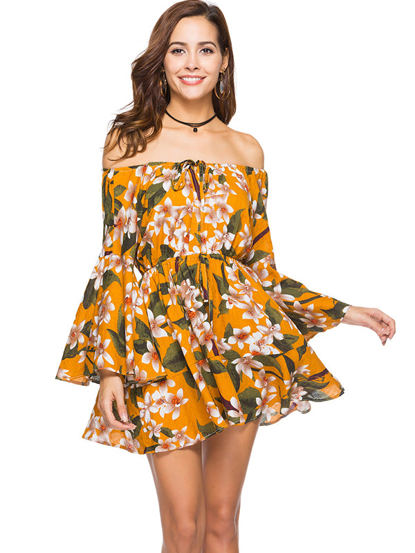Off-the-Shoulder Half Sleeve Drawstring Floral Dress – FIREVOGUE